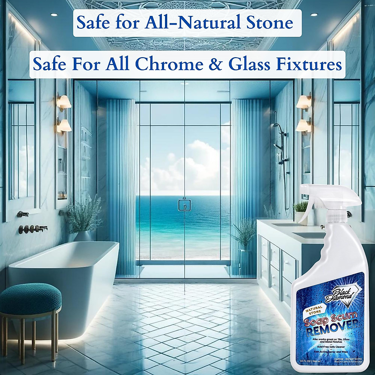 Black Diamond Stoneworks Natural Stone Shower Soap Scum Remover Spray. For Cleaning Bathtubs, Glass Doors, Tubs, Travertine, Marble, Tile. Heavy Duty, Safe Acid-Free Cleaner. Safe for fixtures.