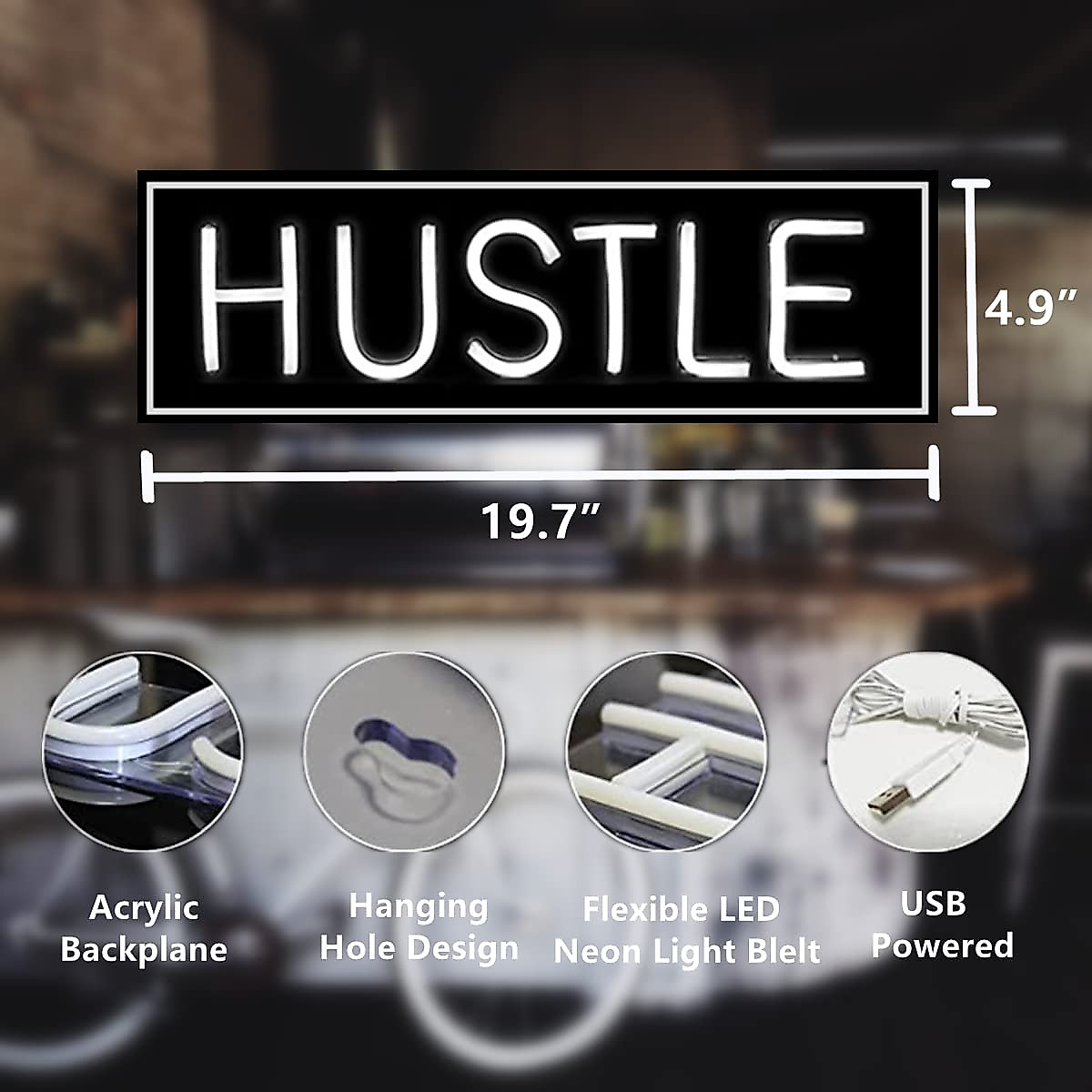 HUSTLE LED Neon Sign Novelty Light Wall Art Decorative Wall Hanging Sign for Bedroom Living Room Kid’s Room Party Home Decor Neon Night Light USB Powered Large 19.7x4.9” White