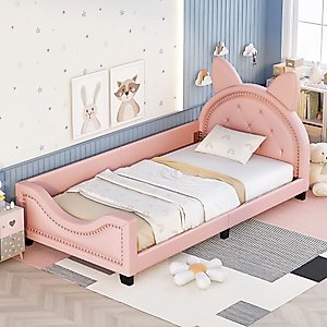 Aiuyesuo Leather Upholstered Tufted Daybed with Carton Ears Shaped Headboard, Wooden Twin Size Low Profile Captain's Sofa Bed Frame for Kids Boys Girls Bedroom, Living Room (Pink-TH1123)