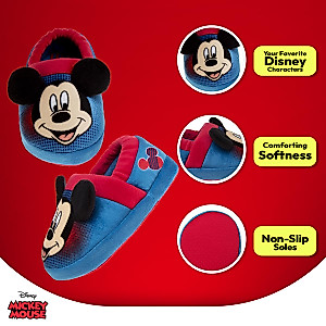 Disney Mickey Mouse Boys Slippers - Plush Lightweight Warm Comfort Soft Aline House Kids Shoes Slippers - Blue/Red (size 7-8 Toddler)