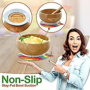 Nutrichef Baby and Toddler, 3 Compartment Plate, Bowl, Cup and Spoon Feeding Set- Silicon Suction, Non-toxic All Natural Bamboo Baby Food Plate (Stripe Set)