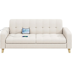 Yaheetech 2-Seater Fabric Sofa Loveseat with USB Ports Mid-Century Modern 65? W Couch Sofa with Solid Wood Legs for Living Room Apartment Bedroom Office Beige