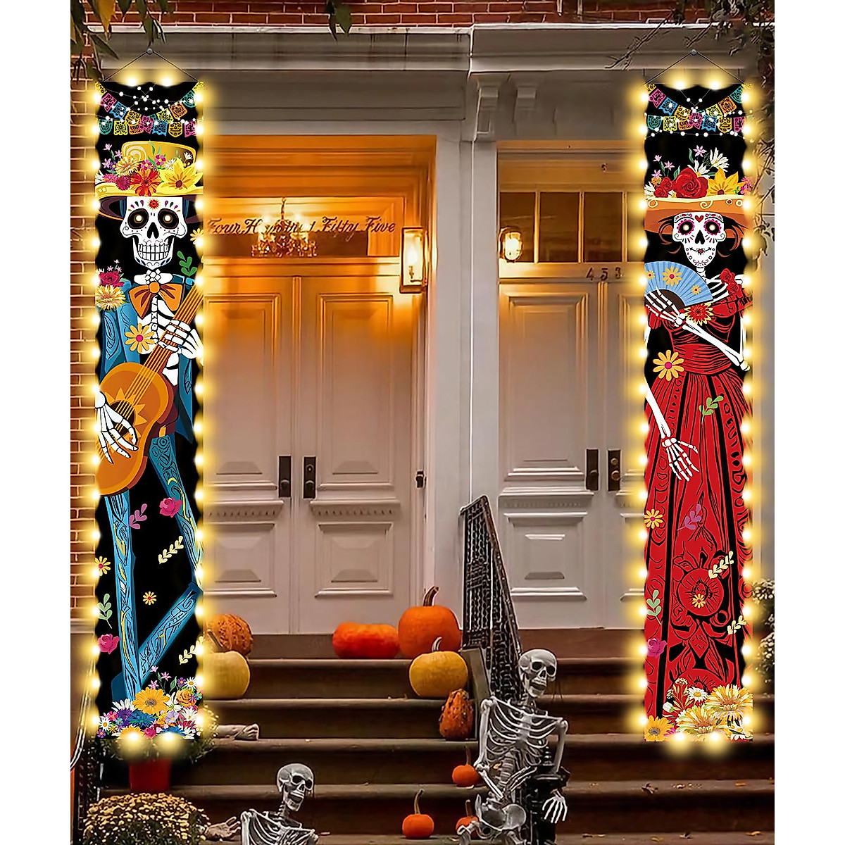 Aovaely LED Day of The Dead Sign Banners Decorations, Light Up Sugar Skull Dia De Los Muertos Altar Decorations for Halloween Day of The Dead Party Outdoor Indoor Home Decor Supplies 71x12 Inches