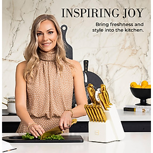 STYLED SETTINGS White and Gold Knife Set with Sharpener -14PC Self Sharpening Knife Block Set Includes Luxurious Full Tang Knives and White Knife Block - White and Gold Kitchen Decor Accessories