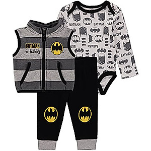 Batman Baby Boys 3 Piece Set Includes Bodysuit, Pants and a Zip-up Vest -0-3 months