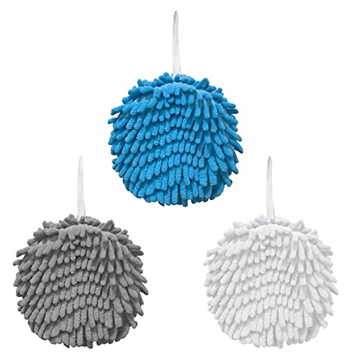 iMaylex 3 Pack Chenille Fuzzy Ball Hand Towels, Quick Dry and High Absorbent Microfiber Hand Towels with Hanging Loops for Kitchen Bathroom, 7" x 7", White & Blue & Grey