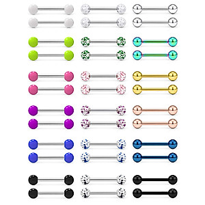 Gadeaila 14G Stainless Steel Nipple Rings Plastic Tongue Rings Straight Barbell Glitter Nipple Body Piercing Jewelry Retainer for Women Man 14MM 9/16Inch 5MM 36PCS Mixcolour