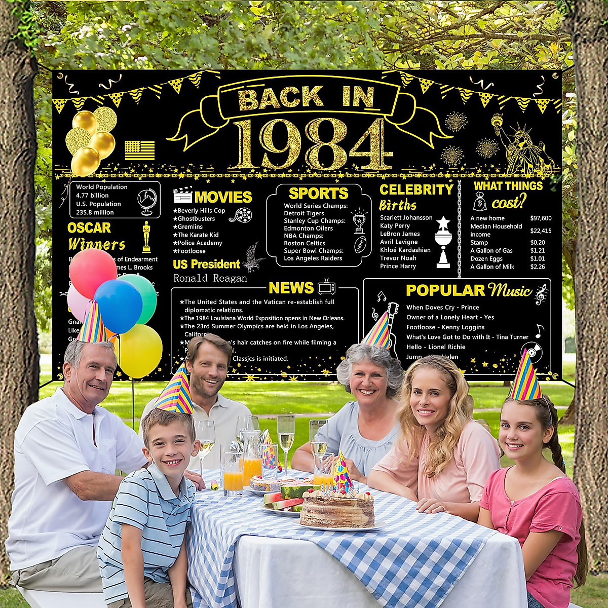 DARUNAXY 40th Birthday Black Gold Party Decoration, Back in 1984 Banner 40 Year Old Birthday Party Poster Supplies Vintage 1984 Backdrop Photography Background for Men & Women 40th Class Reunion Decor