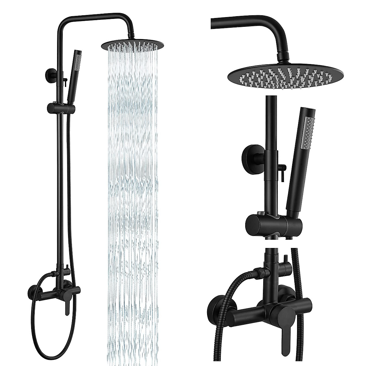gotonovo Matte Black Outdoor Shower Fixture SUS304 System Combo Set Rainfall Single Handle High Pressure Hand Spray Wall Mount 2 Dual Function Stainless Steel