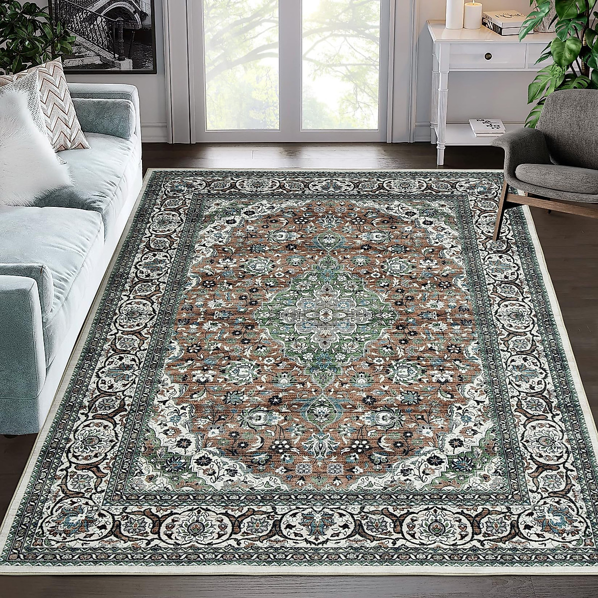 RUGSREAL 8x10 Area Rug Oriental Medallion Living Room Rug Machine Washable Throw Rug Stain & Water Resistant Washable Rug Non-Shedding Indoor Floor Cover for Bedroom Dining Room, Green, 8x10 Feet