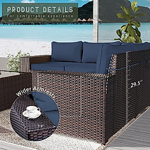 RTDTD Outdoor Patio Furniture Set, 12 Pieces Outdoor Furniture All Weather Patio Sectional Sofa PE Wicker Modular Conversation Sets with Coffee Table,10 Chairs & Seat Clips Dark Blue