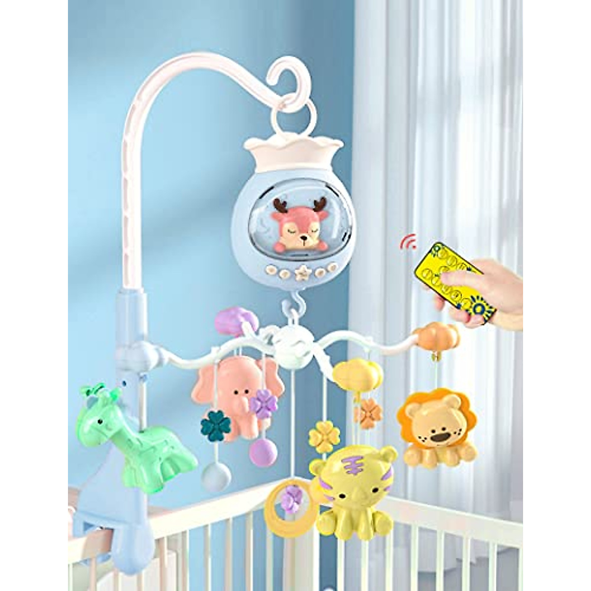BSROLUNA Baby Crib Mobile with Music and Lights, Baby Mobile for Crib with Remote Control, Hanging Rotating Animal Rattles, 50 Songs and Timing Function, Cartoon Baby Crib Toys for Girls (Baby Blue)