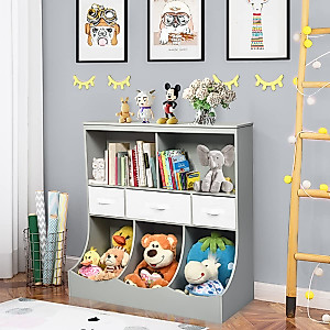 HONEY JOY Kids Toy Storage Organizer with Bookcase, 8-Cubby Organization Storage Cabinet w/Display Shelf & 3 Removable Fabric Bins, Wooden Toy Storage Unit for Playroom, Nursery Daycare(Gray)