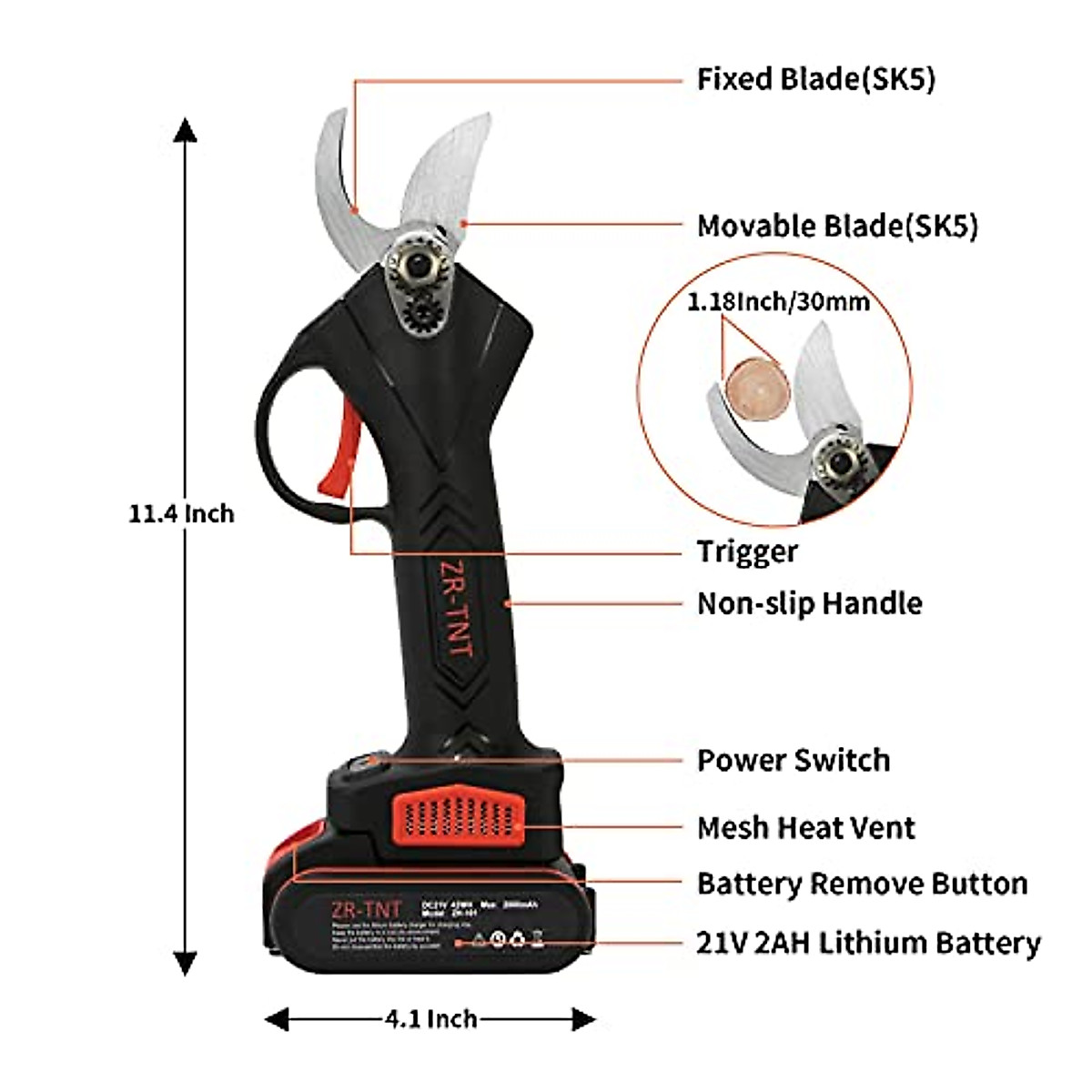 ZR-TNT Electric Pruning Shears Cordless 21V with 2000mAh 2PCS Lithium Battery and Matching Tools,30mm (1.2″) Cutting Diameter,Tree Branch Flowering Bushes Trimmers for Gardening (Black)