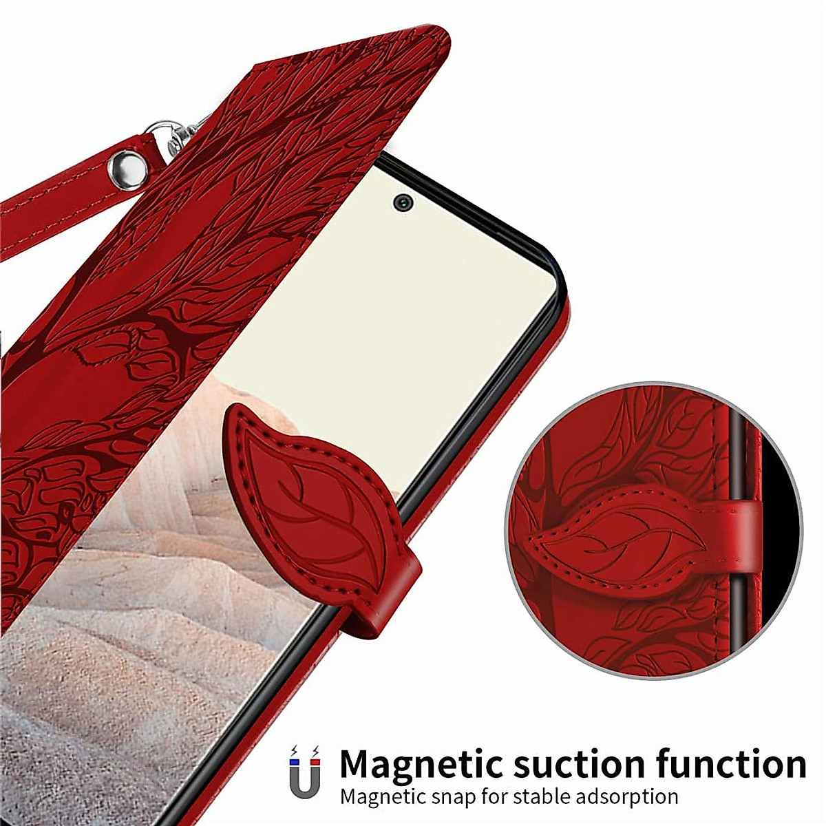 MEUPZZK for Google Pixel 6 Case, Wallet Case for Pixel 6 5G, Embossed Tree Premium PU Leather [Kickstand] [Card Slots] [Wrist Strap] [Folio Flip] [6.4 inch] Phone Cover for Pixel 6 (R-Red)