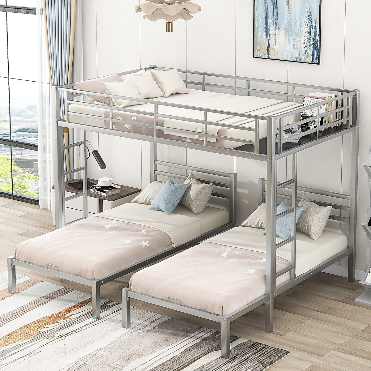 Oudiec Triple Bunk Bed,Full Over Twin&Twin Size Bunk Bed with Built-in Shelf&Ladders,L-Shaped Bunk Bed with Full-Length Guardrails, Space-Saving, Noise-Free, Silver