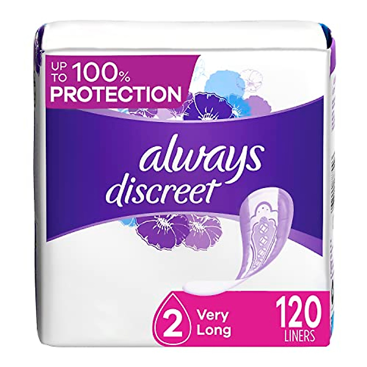 Always Discreet Adult Incontinence & Postpartum Liners For Women, Size 2, Very Light Absorbency, Regular Length, 120 Count (Packaging may vary)