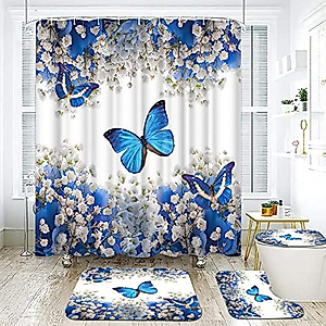 AtGoWac 4 Pieces Flower and Butterfly Shower Curtain Sets with Rugs, Romantic Blue Butterfly Shower Curtain