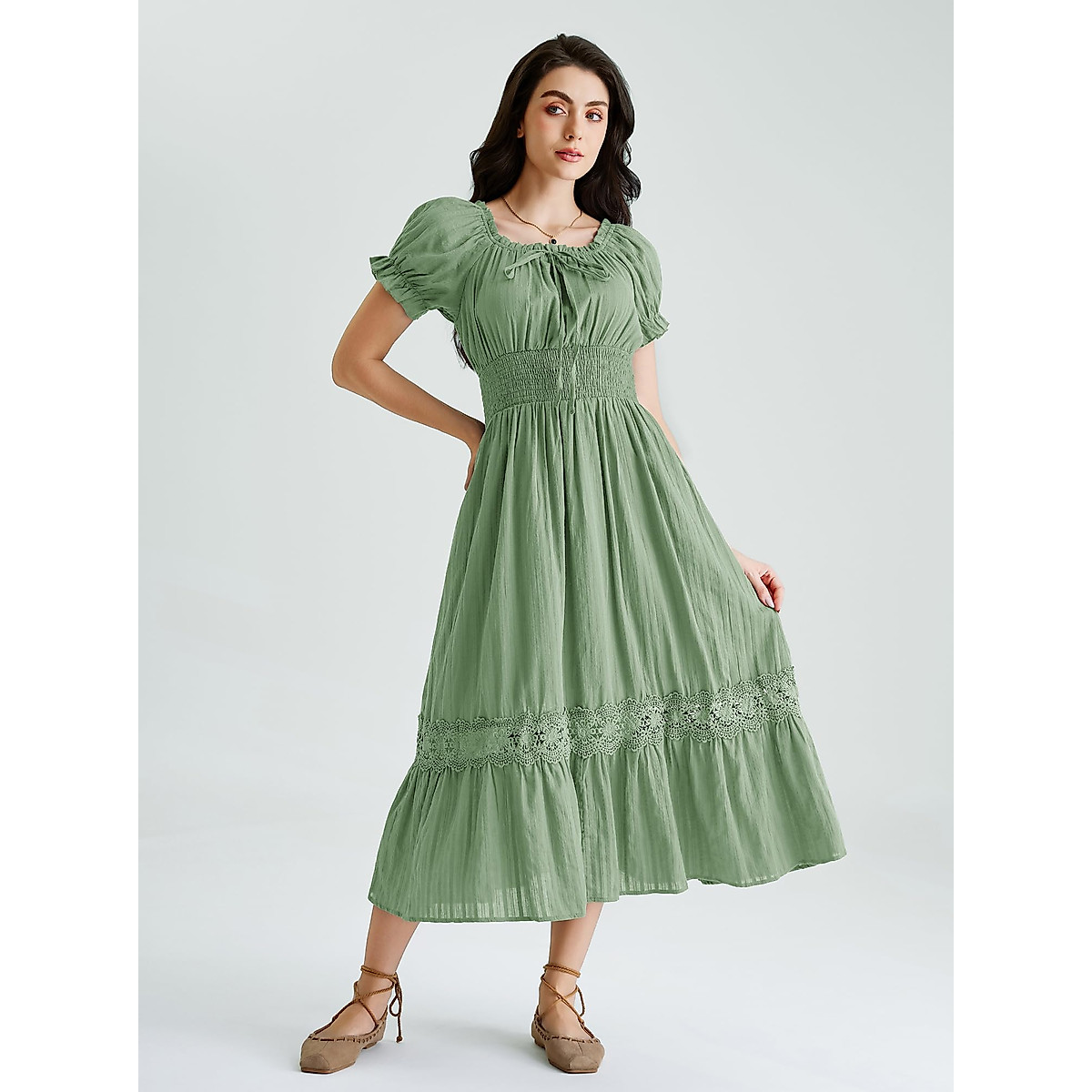 Renaissance Dress for Women Medieval Midi Length Vintage Dresses Light Green L