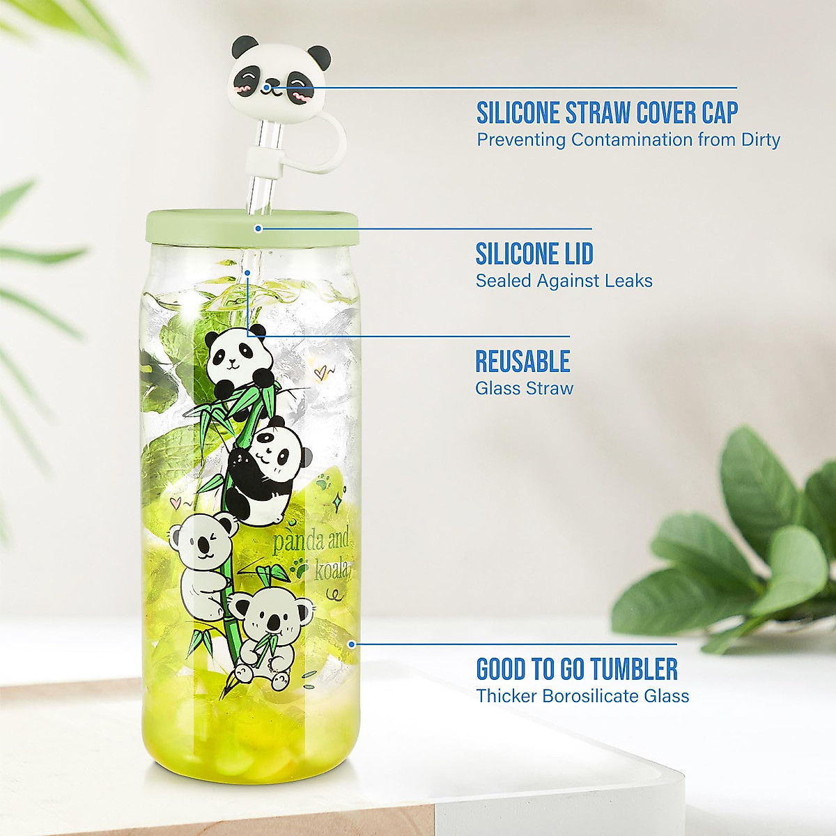 BEWAVE Drinking Glass with Straws, Silicone Lids and Straw Cover Cap, 16oz Can Shaped Glasses Cups, Iced Coffee Glasses, Beer Tumbler, for Whiskey, Soda, Tea, Juice, Gift, Panda, 1 Pack