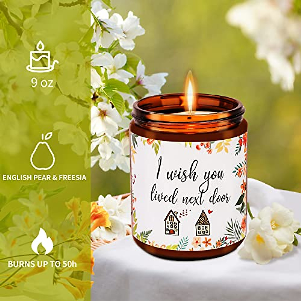 Candles Gifts for Women - I Wish You Lived Next Door - Best Friend, Friendship Gifts for Women, Sister, Birthday Gifts for Friends Mom Wife, English Pear & Freesia Scented Candles 9oz.