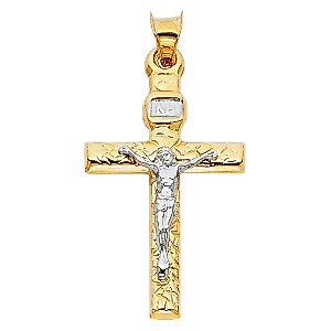 14K Two Tone Gold Crucifix Cross Charm Pendant - Jesus Engraved Cross Pendant with Detailed Finish - Christian Fine Jewelry - Suitable for Men & Women - Perfect Gift for All Occasions