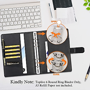 Toplive A5 Notebook Binder 6 Ring Refillable Binder, PU Leather Planner Binder Personal Budget Binder Organizer Cover with Magnetic Closure for A5 Filler Loose Leaf Paper, Matte Black