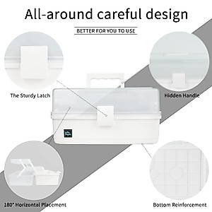Creahaus 13 inch Art Craft Organizer Storage Box with 3 Layer, Multipurpose Plastic Tool Box with Handle for Sewing, Art Supply, Medicine, Nail, Hair Accessories (White)