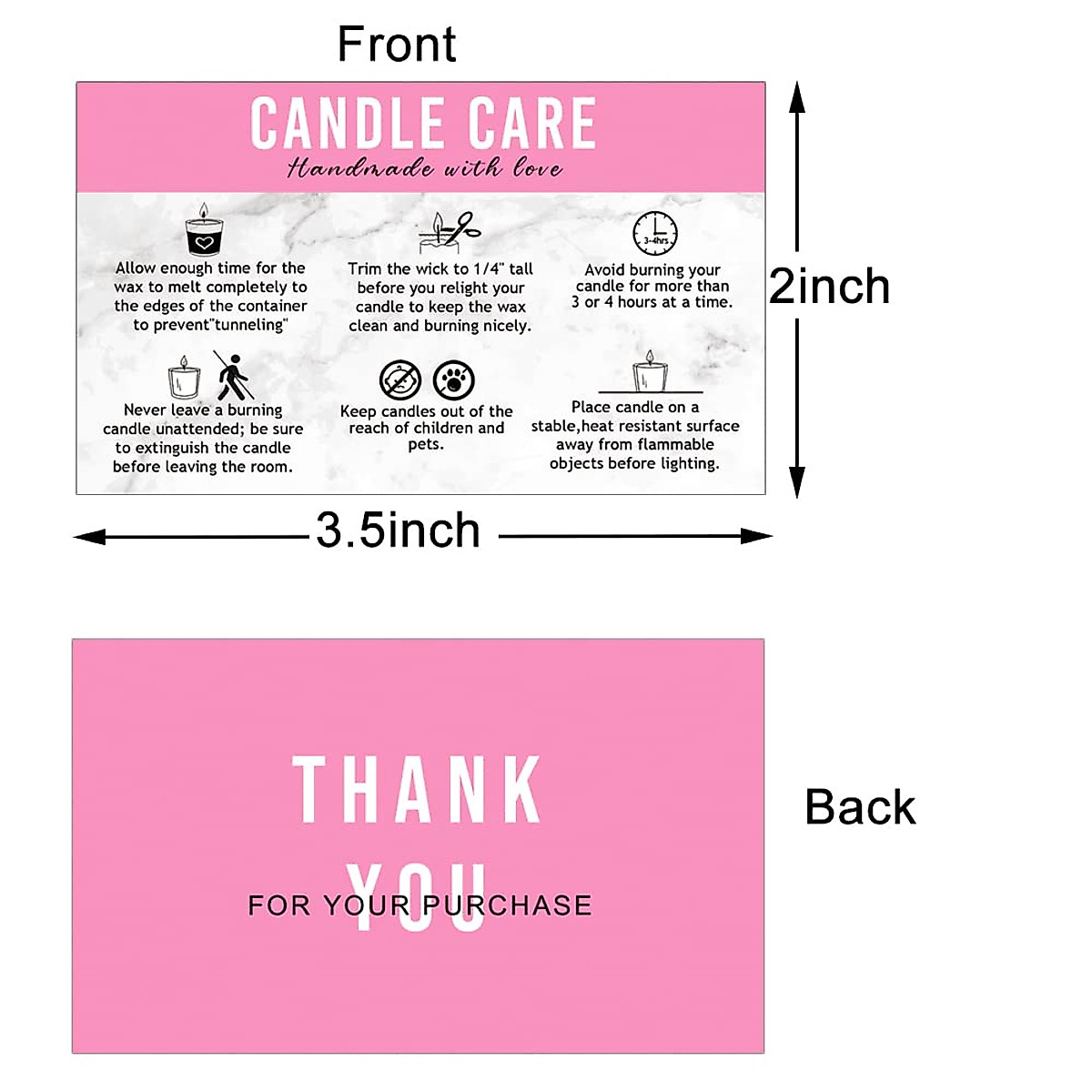 Handmade Candle Care Instruction Card, Card, for Makers Soy Bees Wax Coconut Essential Oils Black with White, 50 Pack 3.5 x 2 inches (Pink)