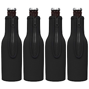 TahoeBay Beer Bottle Insulator Sleeves (Black) Neoprene Coolers with Zipper for 12oz Longneck Bottles (4)