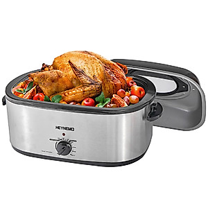 26 Quart Electric Roaster Oven with Visible & Self-Basting Lid, Large Turkey Defrost Warm Function, Adjustable Temperature, Removable Pan Rack, Stainless Steel, Silver