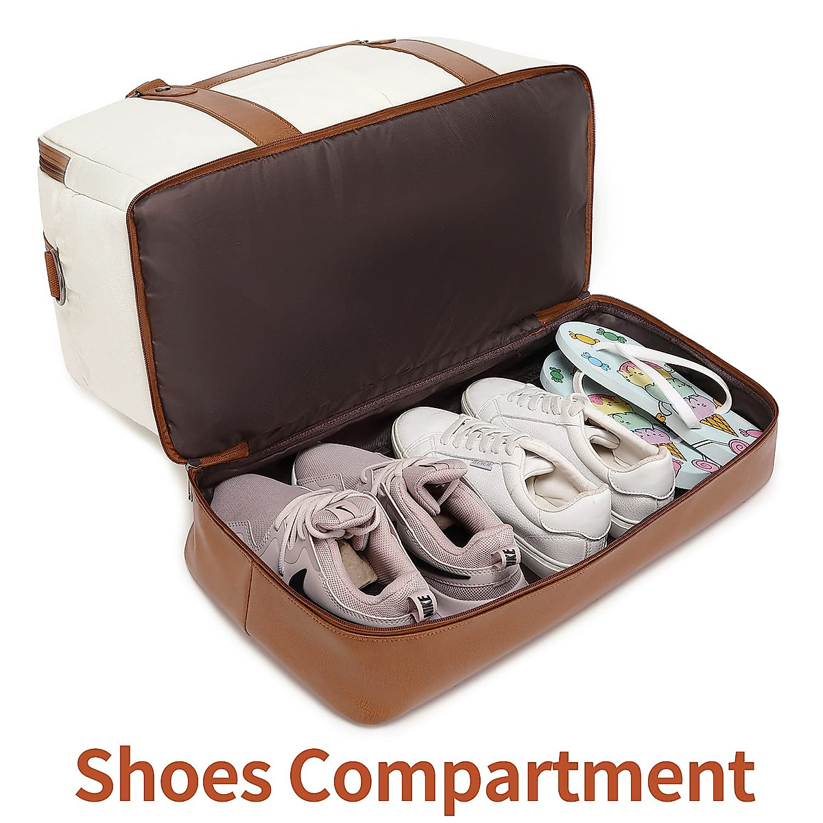 BOVIP Weekender Bag Overnight Bag Large Canvas Travel Bag Duffel Bag with Shoe Compartment Carry On Tote for Women 3-IN-1 Beige Set