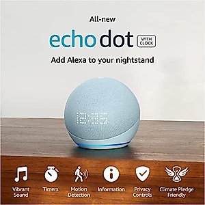 Echo Dot (5th Gen) with Clock| Cloud Blue with Amazon Basics Smart Color Bulb
