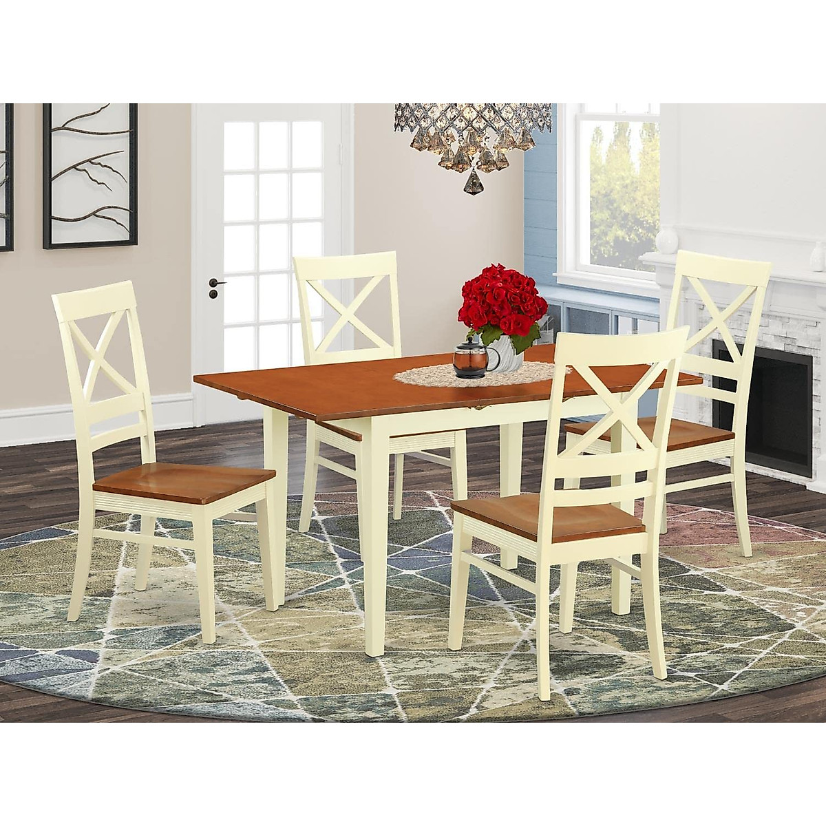East West Furniture NOQU5-WHI-W 5 Piece Dining Set Includes a Rectangle Dining Room Table with Butterfly Leaf and 4 Wood Seat Chairs, 32x54 Inch, Buttermilk & Cherry