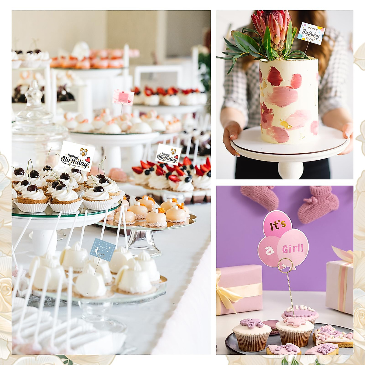 Andibro Metal Floral Place Card Holder, 40 Pcs 11.8 Inch Golden Round Heart Shape Flower Picks Clips Picture Holders Photo Clip for Flower Arrangement Bouquet Wedding Decor