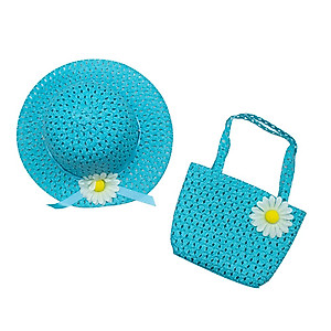 AUEAR, 3 Set Girls Straw Hat and Purse Set Tea Party Summer Beach Sunflower Daisy Flower Sunhats Blue Yellow Pink