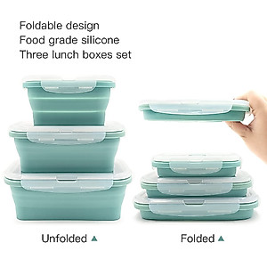 Duoyou Collapsible Silicone Lunch Bento Box, Portable Food Storage Container Outdoor Picnic Box Space Saving, Microwave, Dishwasher and Freezer Safe, 3 Pcs Set (Blue)
