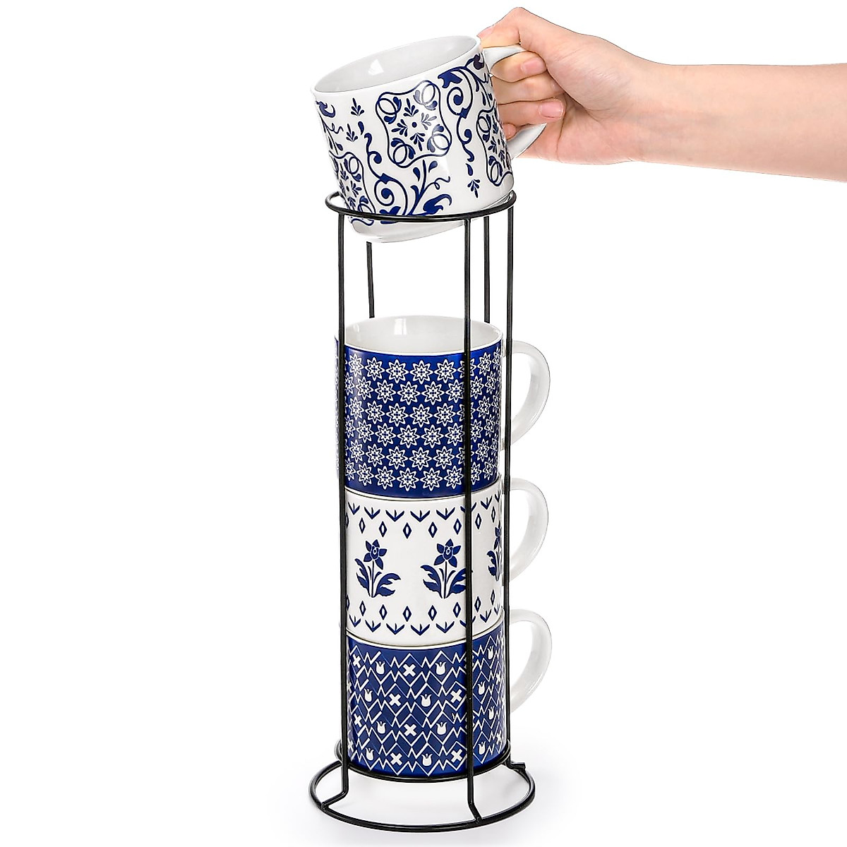 Eorbow 4 Pack Ceramic Coffee Mug Set with Rack, 16 OZ Stackable Cappuccino Cups with Metal Stand, Blue and White Porcelain Tea Mugs for Latte, Americano, Milk, Hot Cocoa, Beverages, Microwave Safe