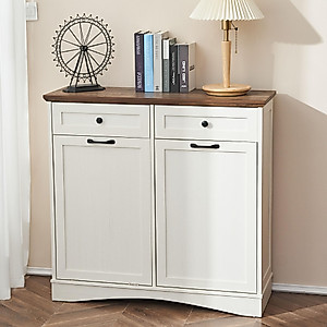 AHB 13 Gallons Tilt Out Trash Cabinet Kitchen Wood Trash Can Cabinet with Hideaway Drawers Freestanding Hidden Garbage Recycling Cabinet Pet Proof Trash Can for Kitchen Living Room, Antique White
