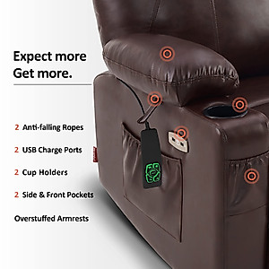 MCombo Large Lay Flat Dual Motor Power Lift Recliner Chair Sofa with Massage and Heat, USB Ports, Extended Footrest, for Elderly People, Infinite Position, Faux Leather 7815 (Dark Brown)