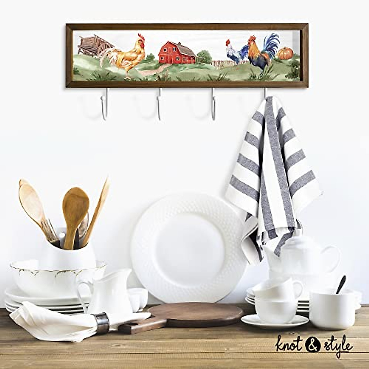 Knot and Style Rooster Decor Wall Art - Chicken Kitchen Decor (4 x Towel/Coat/Key Hooks) Made from Wood 3.5 x 16.9 & Wall Mounting Screws Country Kitchen Decor - Rooster Kitchen Decorations