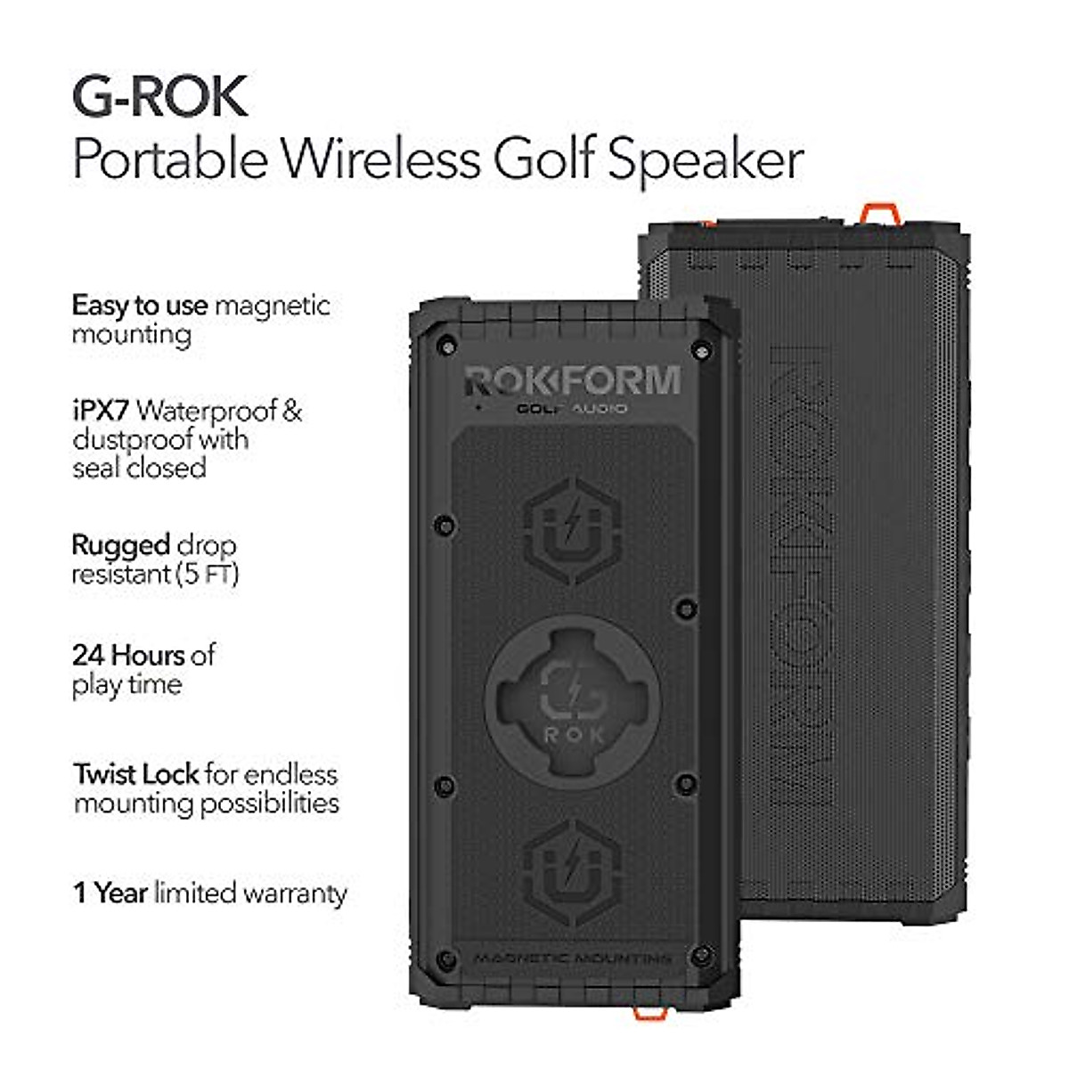 Rokform G-ROK – Portable Golf Speaker, Magnetic Wireless Speaker, IPX7 Waterproof, Shockproof & Dustproof, Loud & Clear Sound, 24 Hour Battery, Rugged Outdoor Golf Cart Speaker (Black)