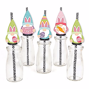 Big Dot of Happiness Easter Gnomes - Paper Straw Decor - Spring Bunny Party Striped Decorative Straws - Set of 24