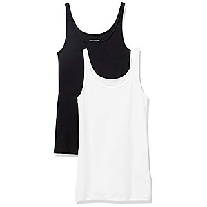 Amazon Essentials Women's Slim-Fit Thin Strap Tank Top, Pack of 2, Black/White, Large