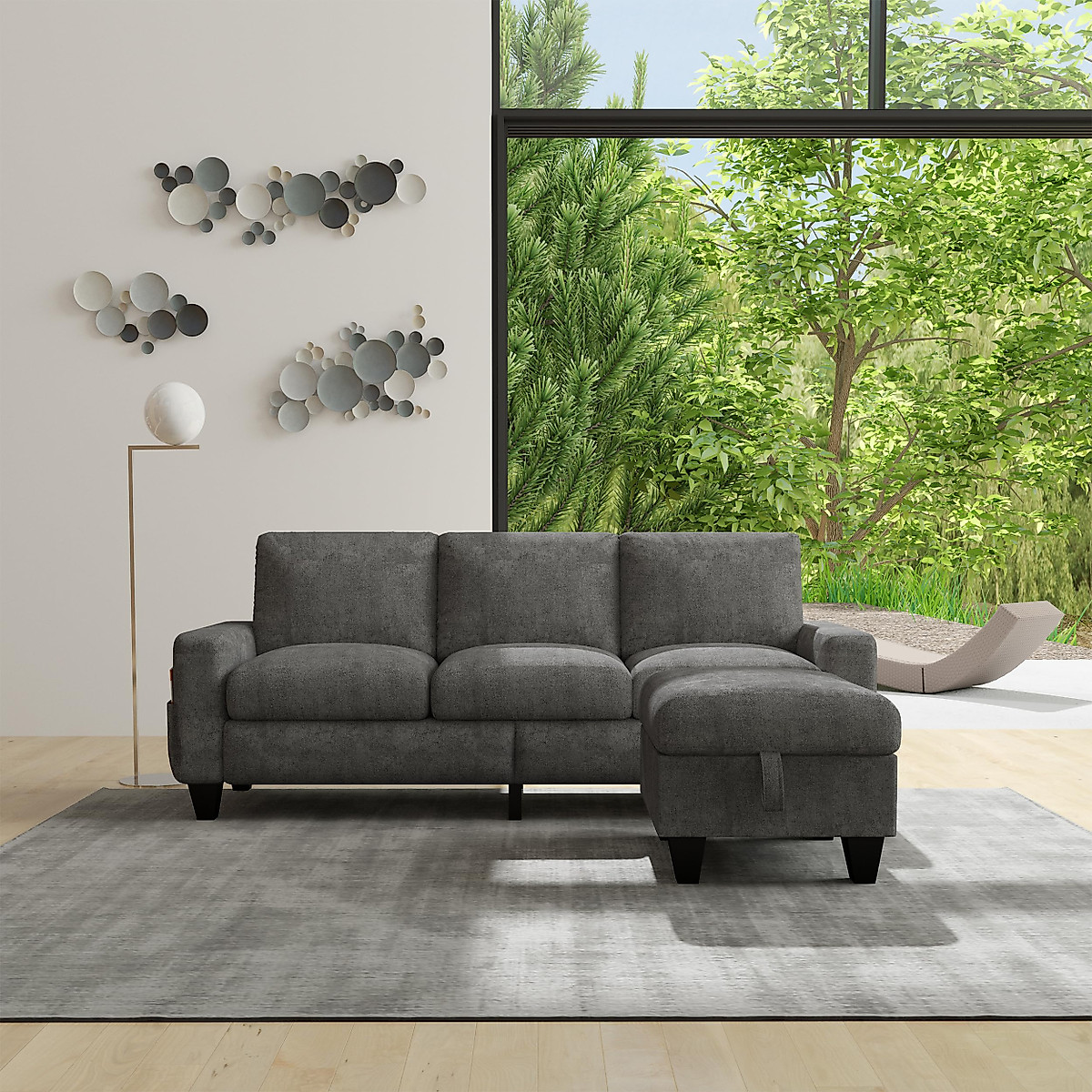 Sectional Sofa L-Shaped Couch, Snowflake Fabric Couch for Living Room with Reversible Storage Chaise & Side Storage Pockets, 3-Seat Sofa for Living Room/Apartment/Dorm/Office/Small Space (Gray)