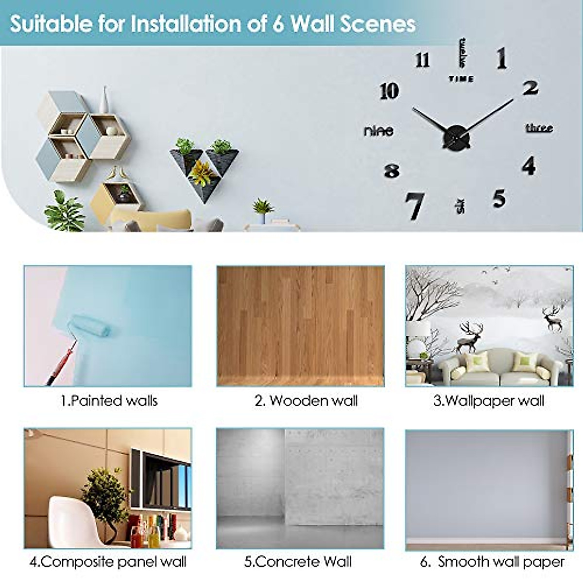 FERRISA Frameless DIY Wall Clock, 3 in 1 Large 3D Frameless Wall Clock 47 Inch, 3D DIY Wall Clock for Living Room Bedroom Office Decor Wall Decor