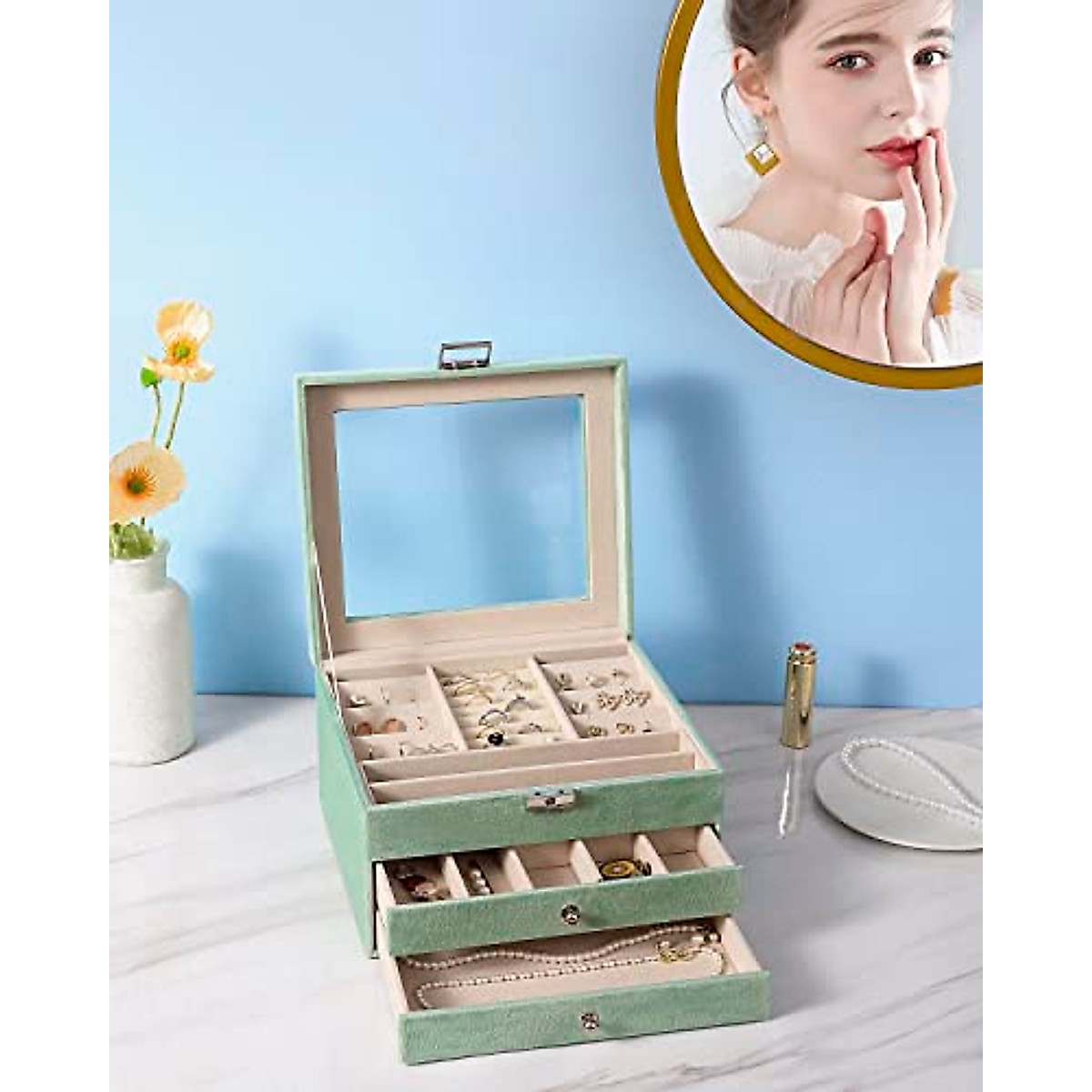 Jewelry Box for Women, Jewerly Case with 2 Drawers, Leather Design Lockable Jewelry Case with, for Necklaces, Earrings, Rings, Bracelet, Gift for Loved Women