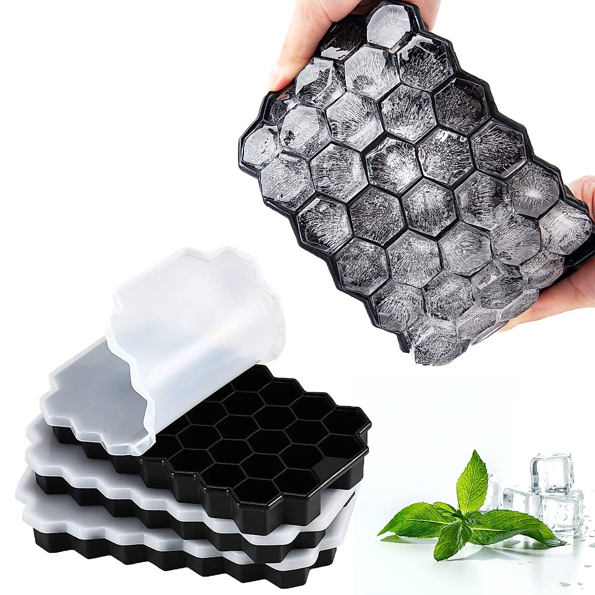 Hocerlu Ice Cube Trays, 3 Pack Silicone Small Ice Cube Trays with Removable Lid, Easy-Release Flexible Hexagonal 37-Ice Cube Molds, Stackable for Freezer, Chilled Drinks, Whiskey, Cocktail - Black