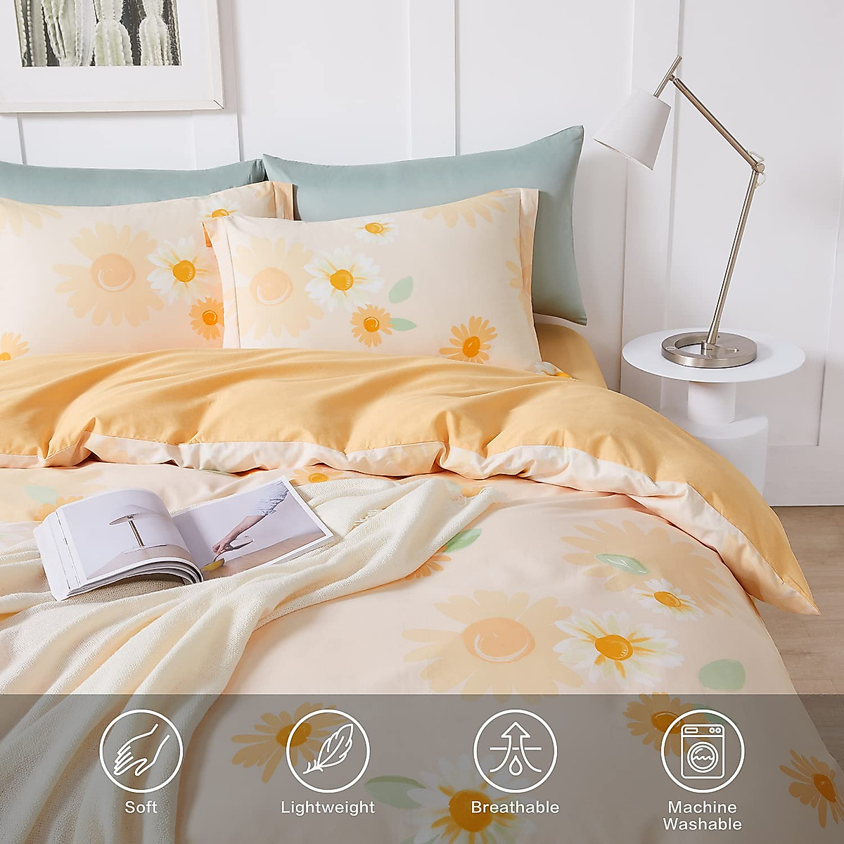 SAPHREAS King Size Duvet Cover Set with Fitted Sheet 4pcs Daisy Floral Bedding Comforter Cover Set 1 Quilt Cover 1 Fitted Sheet 2 Pillow Shams