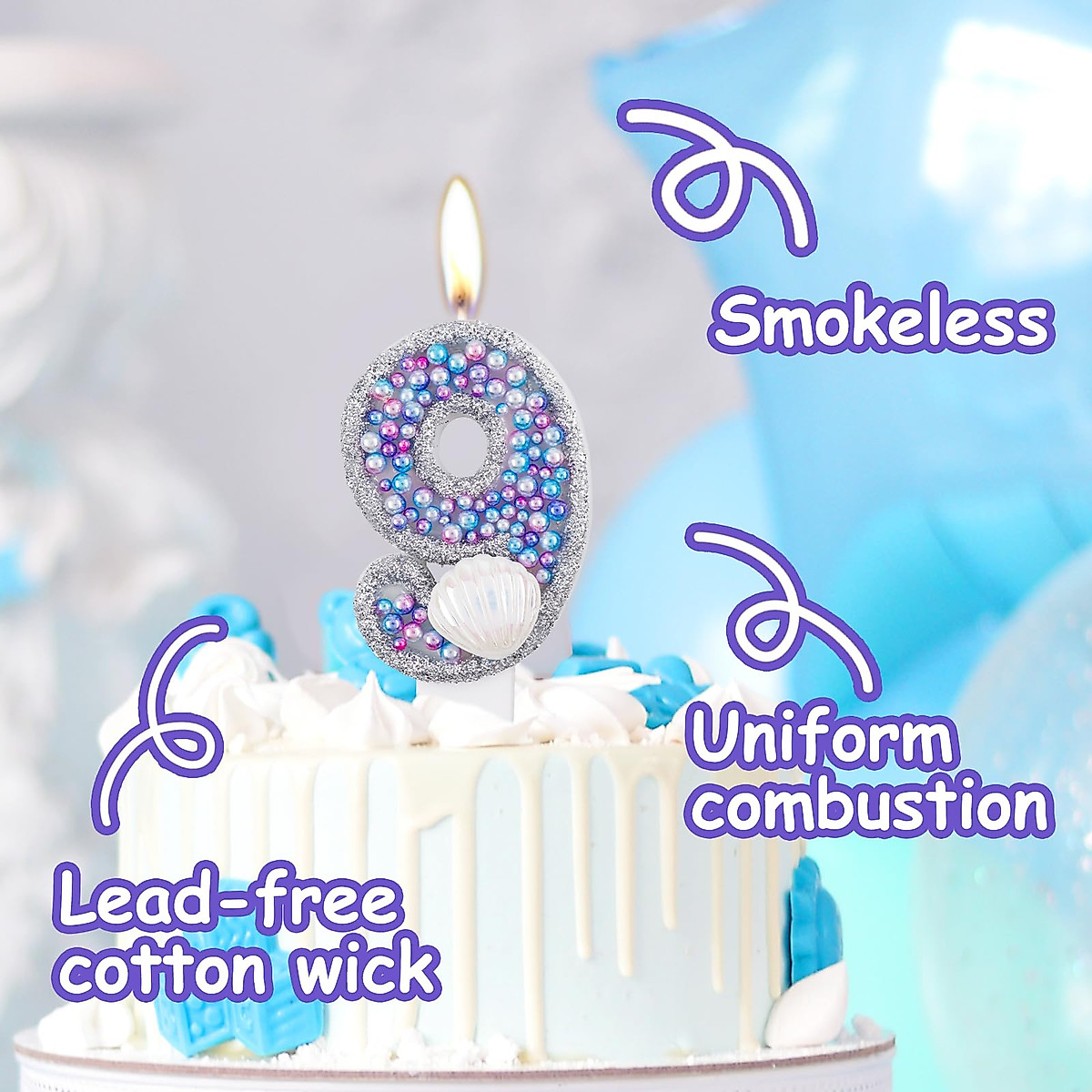 Girls Glitter 6 Birthday Number Candle, Pink Shell Sequins Blue Purple Pearls Number Birthday Candles for Boys Girls Birthday Cakes Mermaid Themed Birthday Decorations Party Supplies Number 6 Candle